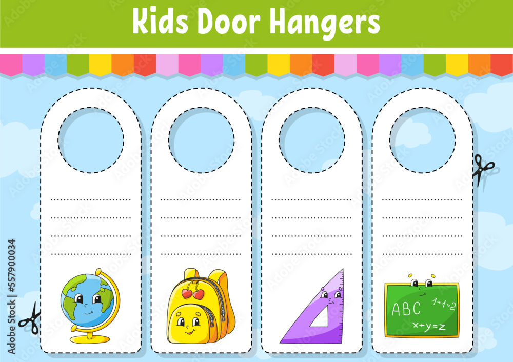 Door hangers. Cute cartoon characters. Sign printable. Kids style. On ...
