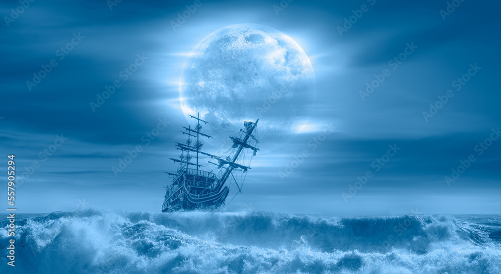 Sailing old ship in storm sea at sunset - Night sky with moon in the ...