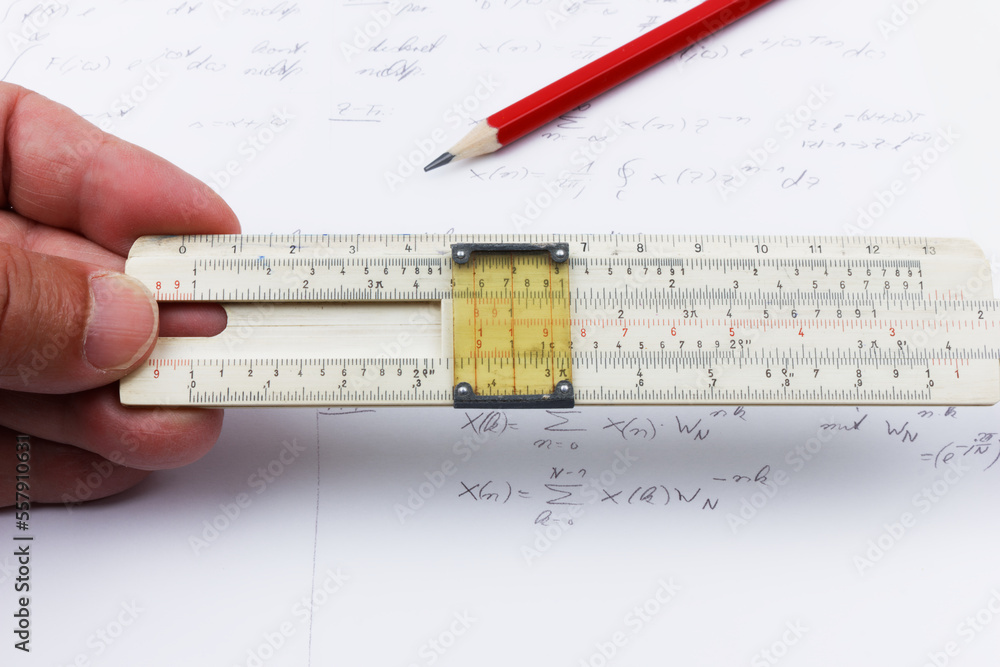 Vintage slide rule. A calculating and measuring instrument. Mechanical ...
