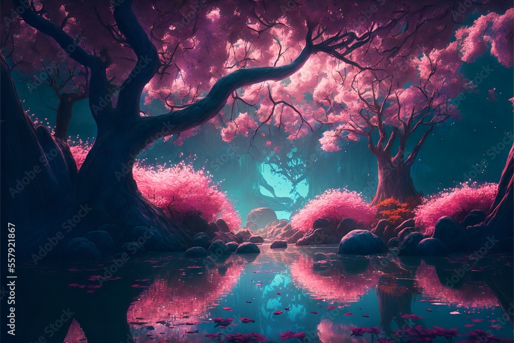 Sakura trees and a lake on a blue dark background.Beautiful flowering ...