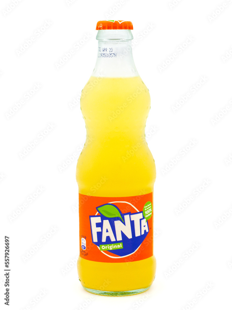 ROME, ITALY - JANUARY 2, 2023. Classic glass bottle of Fanta isolated ...