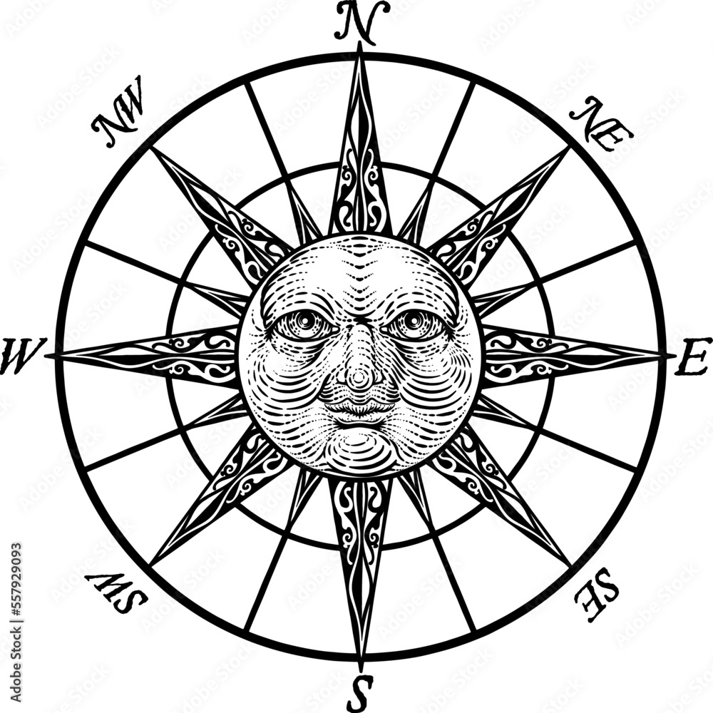 A compass rose with a sun face, drawing in a vintage etching woodcut ...