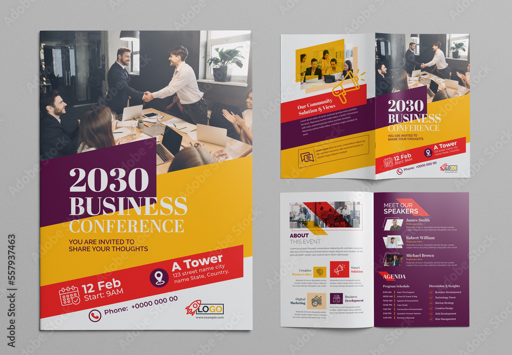 Bifold Conference Brochure Template With Multicolored Accents Stock ...