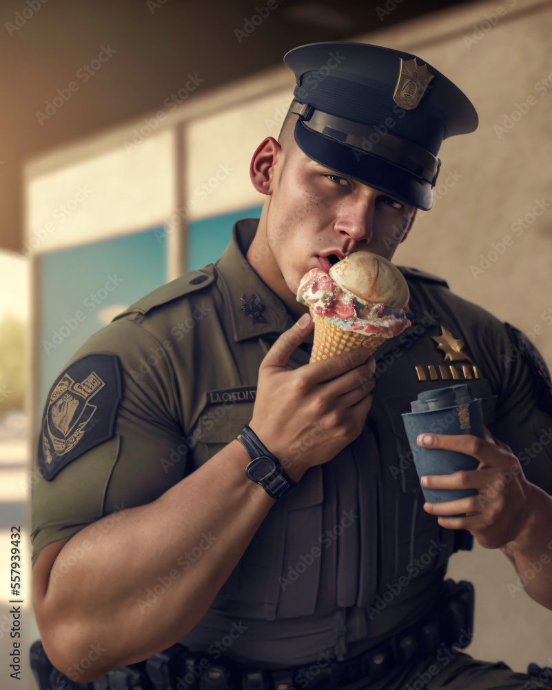 A marine corps police officer eating an ice cream cone, mayo, ice cream ...