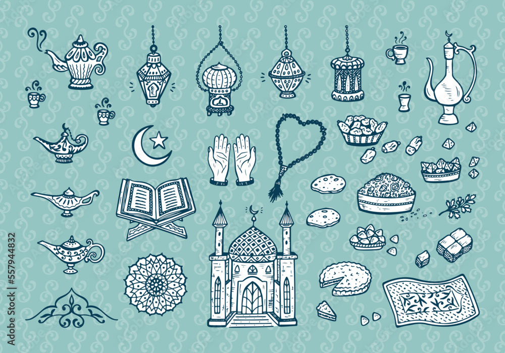 Vector set of East Islamic culture item. Hand Drawn doodle Traditional ...