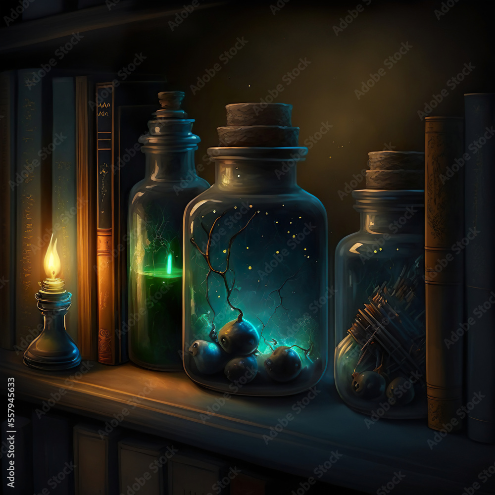 An old shelf with magic objects, potions, some magical books and a lit ...