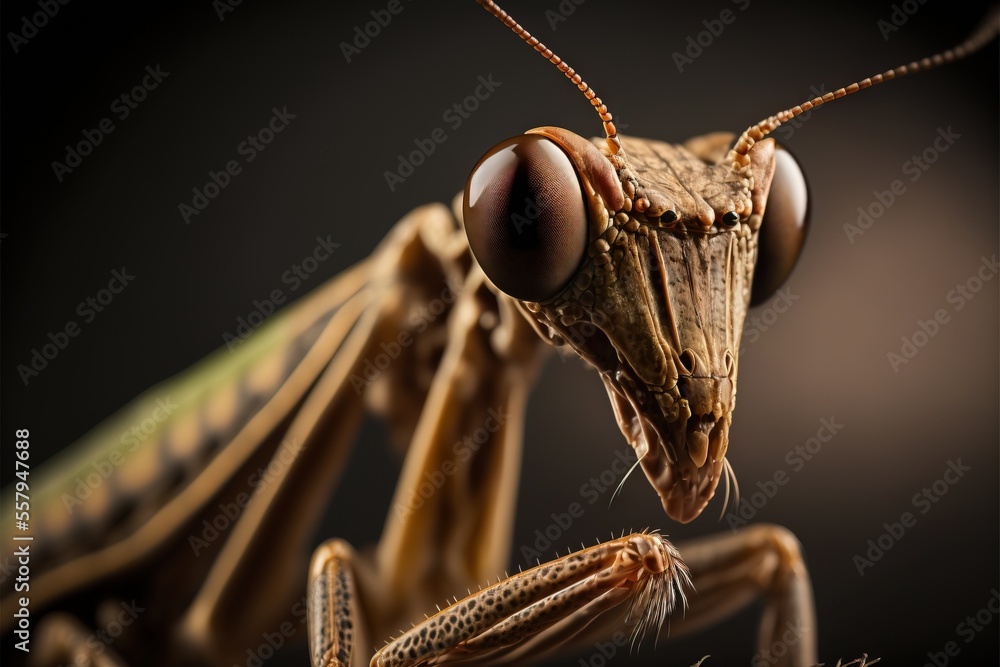 a close up of a praying mantissa on a black background with a black ...
