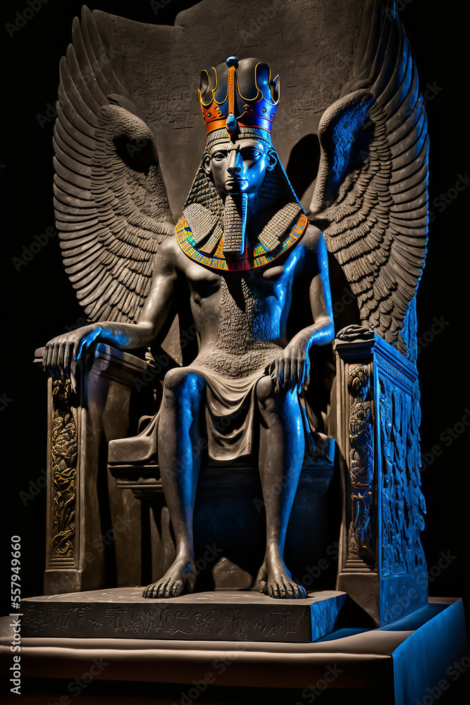 Black stone Statue of Pharaoh Egyptian God with wings in Museum Stock ...