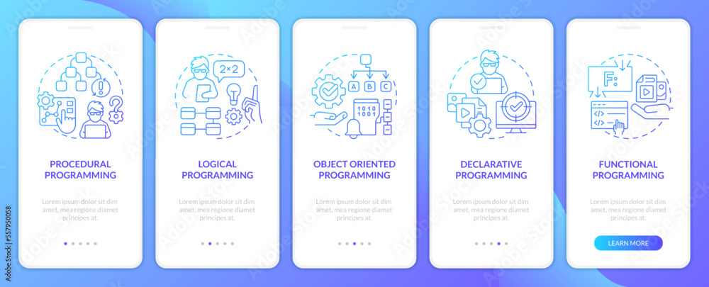 Programming Styles Types Blue Gradient Onboarding Mobile App Screen Coding Walkthrough 5 Steps