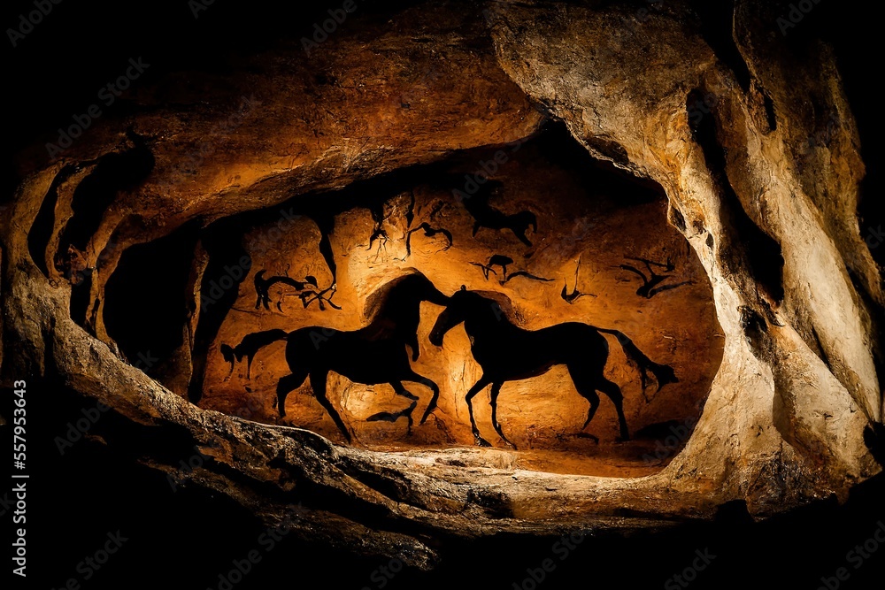 Prehistorical cave paintings of hunting scene with deers and horses and ...