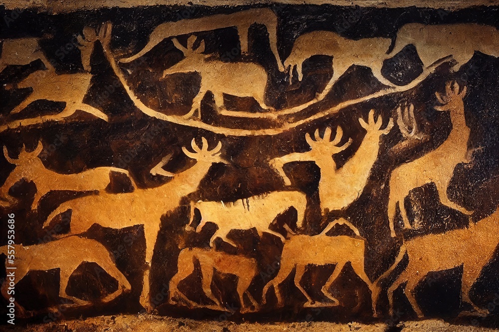 Prehistorical cave paintings of hunting scene with deers and horses and ...