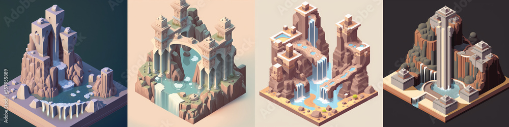 Group of 4 3D game design isometric islands concept render art in light ...