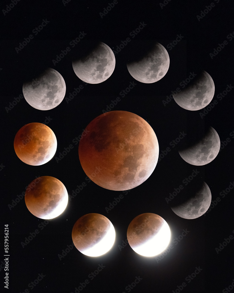 Progression of stages of the total lunar eclipse full moon Stock Photo ...