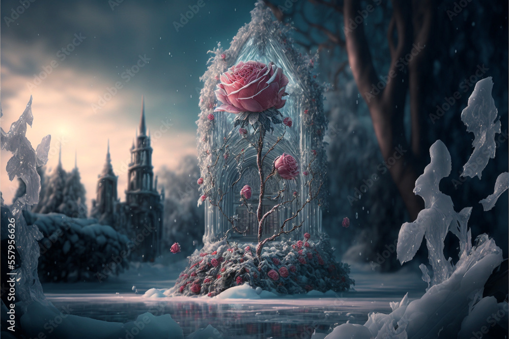 Roses draped with epic frost fantasy magical with gothic church ...