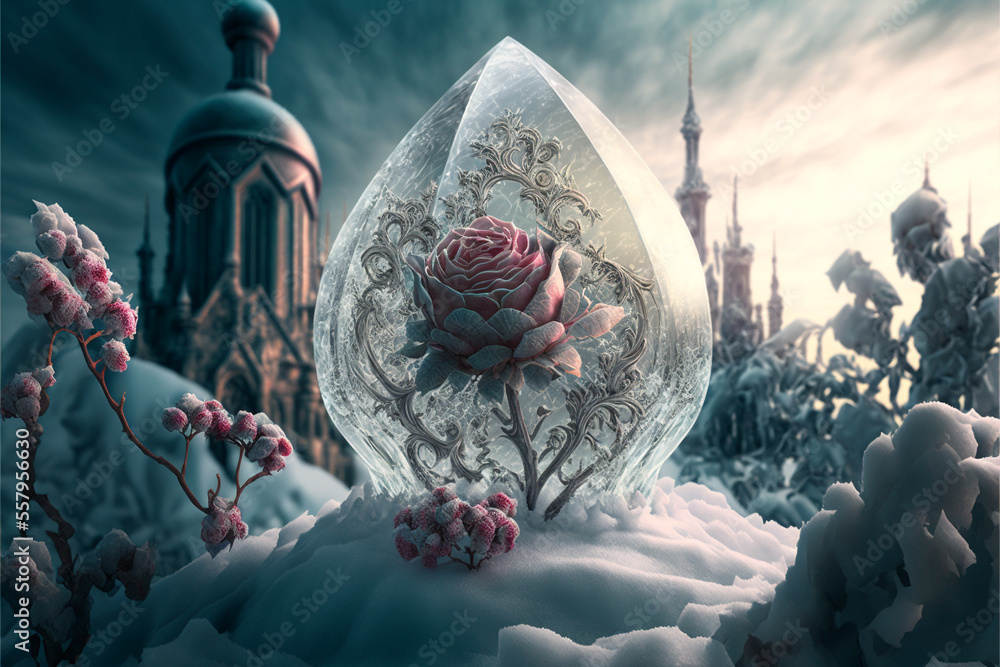 Roses draped with epic frost fantasy magical with gothic church ...