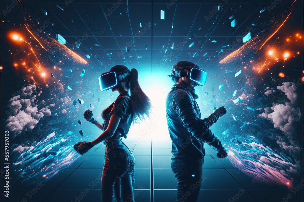 Metaverse, VR, AR, virtual reality game playing, man and woman play ...
