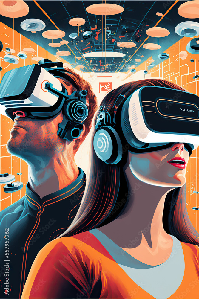 Metaverse, VR, AR, virtual reality game playing, man and woman play ...