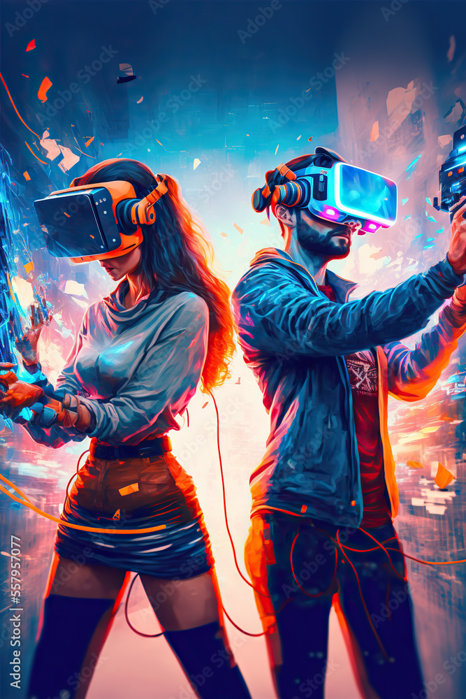 Metaverse, VR, AR, virtual reality game playing, man and woman play ...