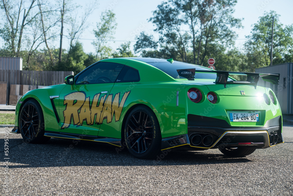 Lutterbach - France - 4 September 2022 - Rear view of green Nissan ...