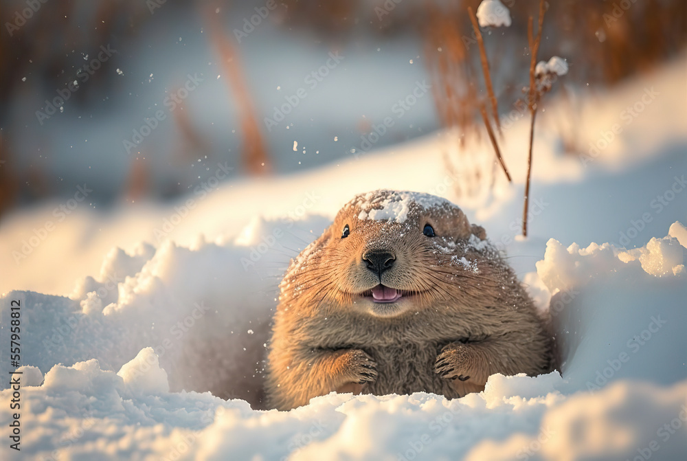 Snowy Groundhog Day Adorably Celebrated by Cute Smiling Groundhog ...
