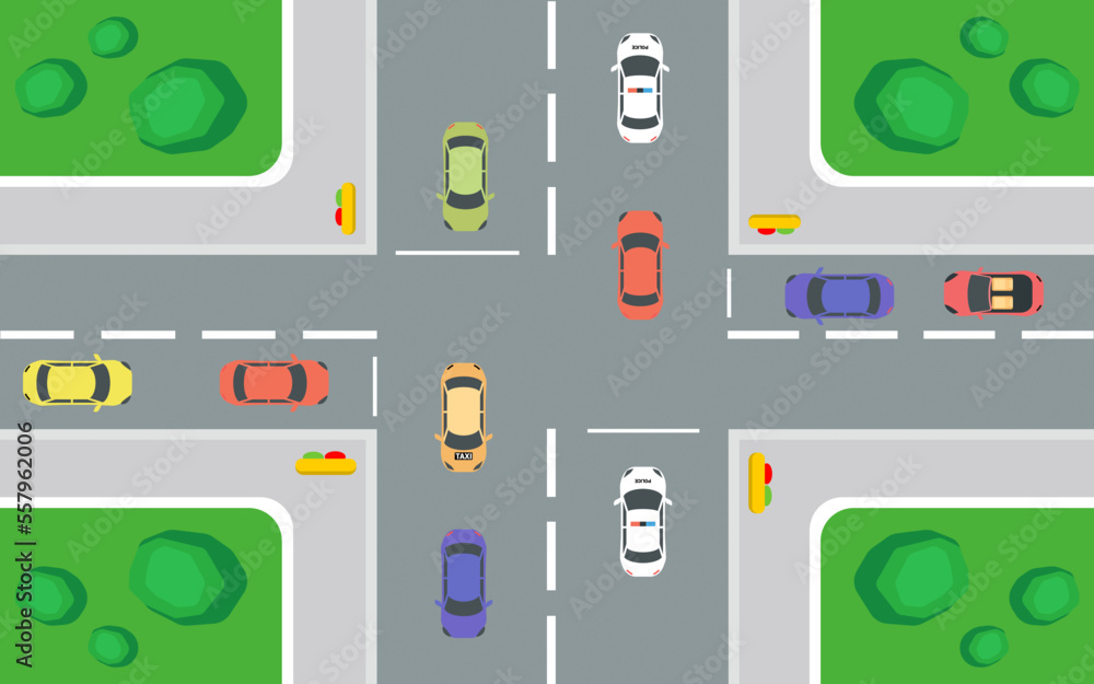 Four-way Road. top view with traffic crossroad and cars, taxi, police ...
