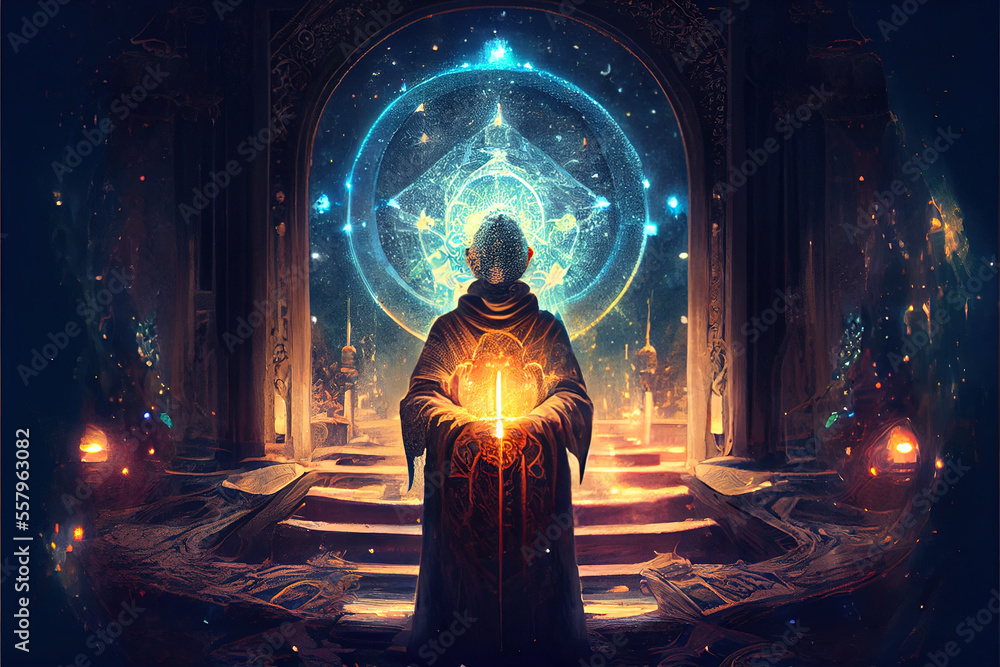 Esoteric spiritual meditation concept, man or woman meditating Stock ...