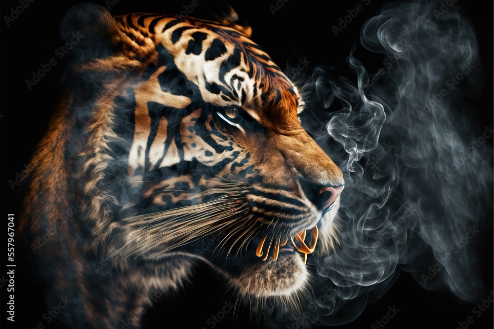 a tiger with its mouth open and a lot of smoke coming out of it's mouth ...