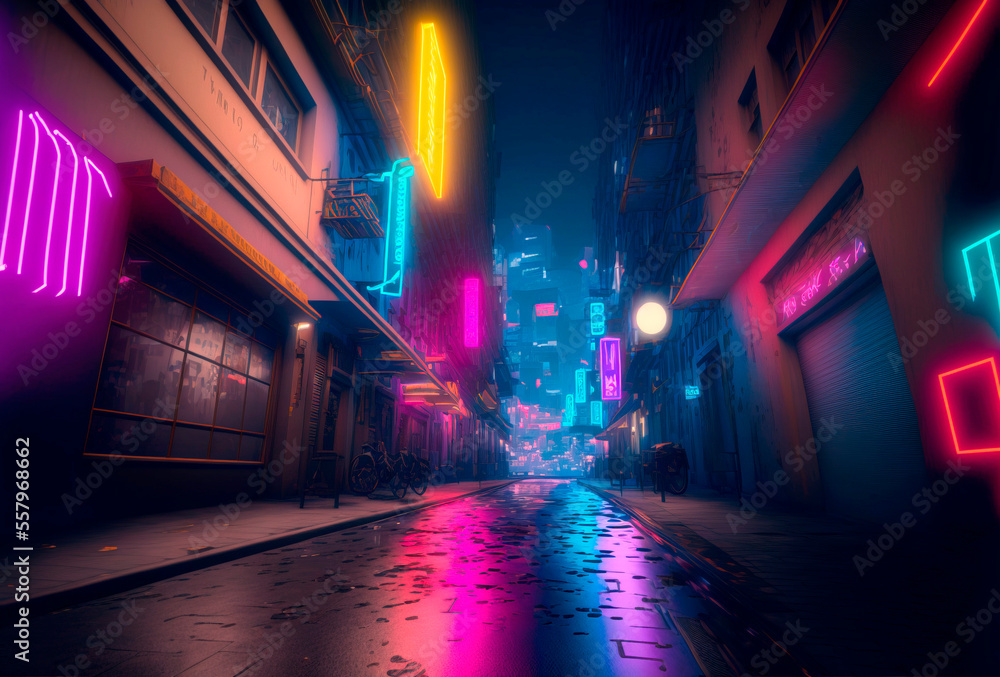 Beautiful neon night in a cyberpunk city. Photorealistic Generative AI ... Beautiful neon night in a cyberpunk city. Photorealistic Generative AI ...