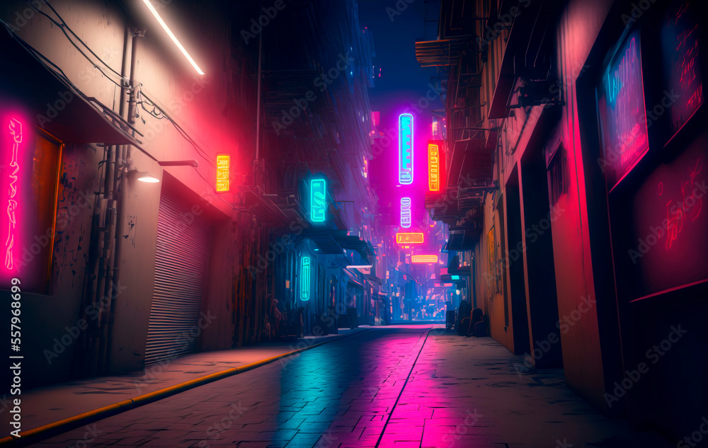 Fototapeta Beautiful neon night in a cyberpunk city. Photorealistic ... Fototapeta Beautiful neon night in a cyberpunk city. Photorealistic ...