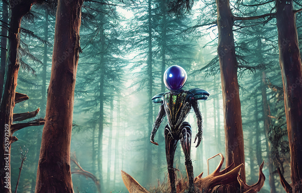 full body view of extraterrestrial alien in very detailed blue green ...