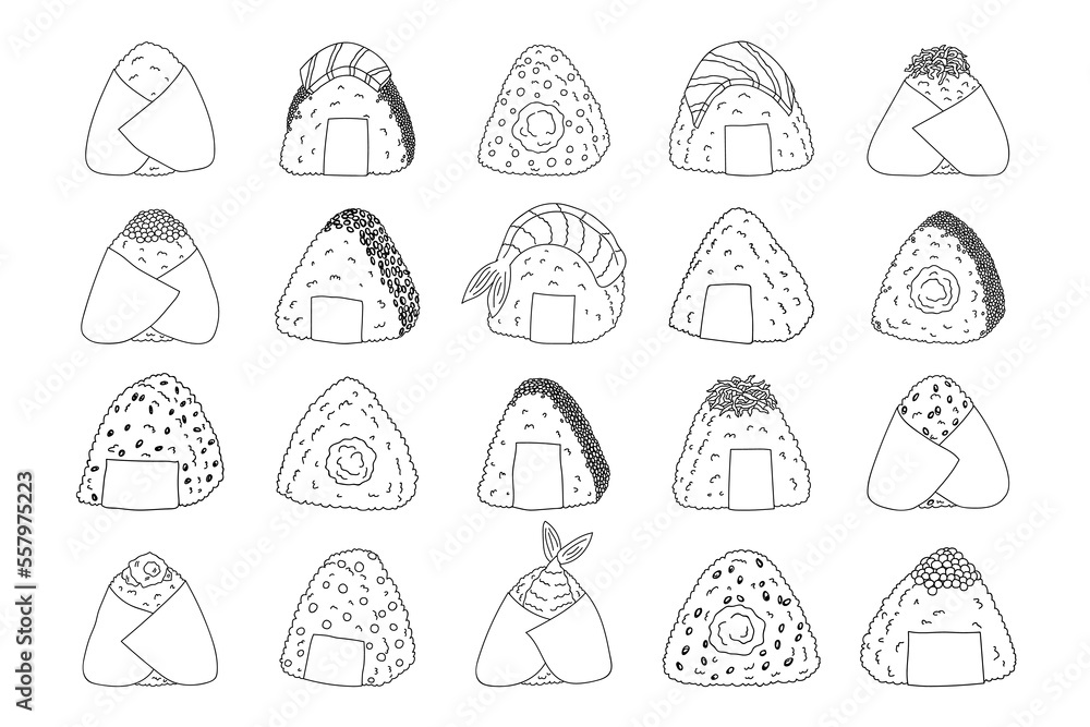 Hand drawn onigiri clipart set. Japanese fast food made of rice. Rice ...