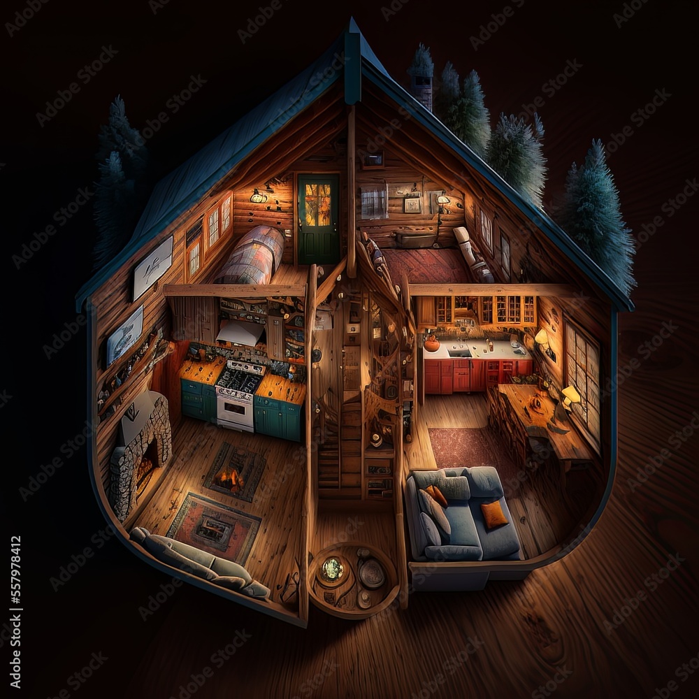 Wide angle interior of triangular house, A-shaped hut, A-frame house ...