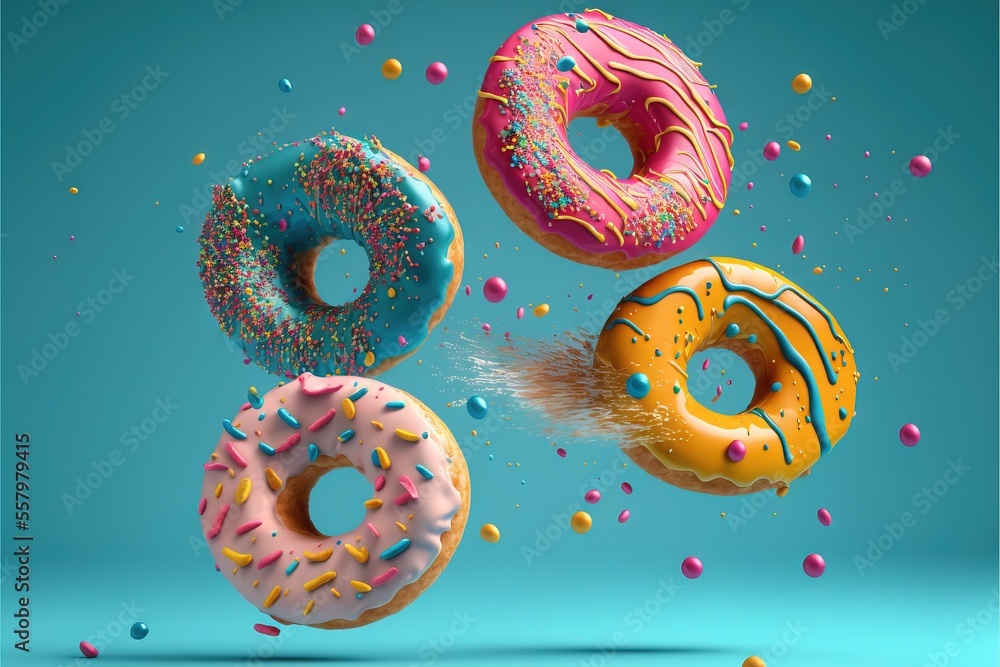 a group of donuts with sprinkles flying through the air on a blue ...