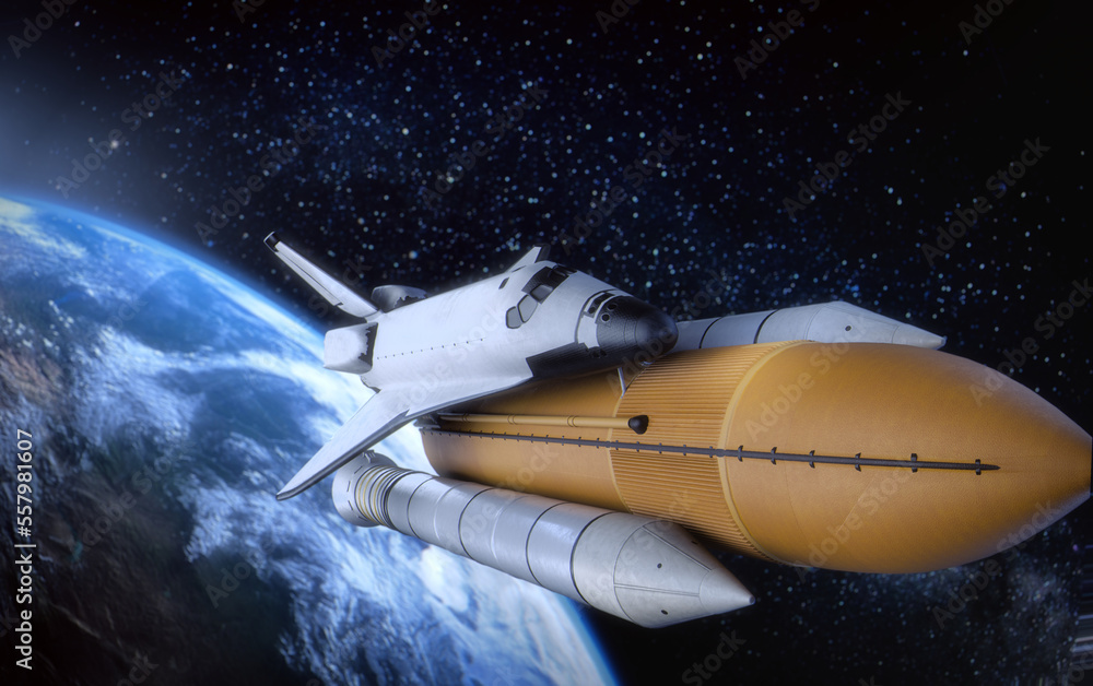 Nave con cohete espacial saliendo de la tierra hacia el espacio ...