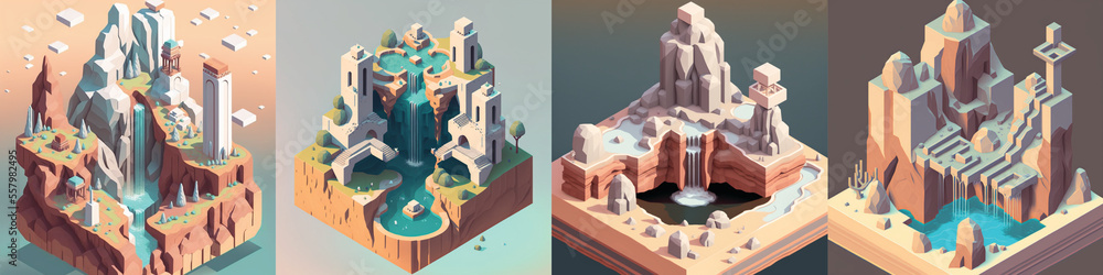 Bundle of 4 3D game design isometric islands concept render art in ...