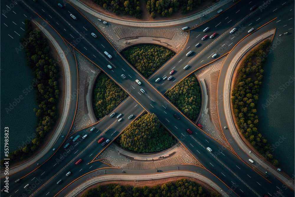an aerial view of a highway intersection with cars and trucks driving ...