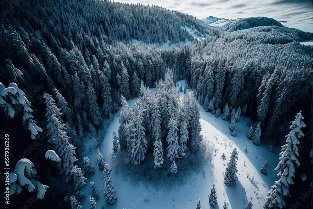 an aerial view of a snow covered forest with a road in the middle of ...