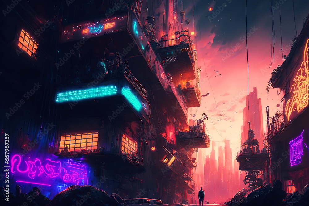 Futuristic neon cyberpunk city with the silhouette of an alien hero ...