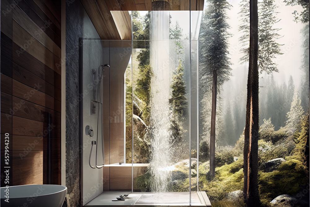 Modern bathroom illustration with walk in shower, glass walls Stock ...