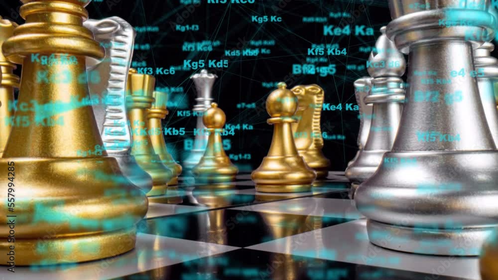 Rotating chessboard with pieces and digital graphics elements, chess ...
