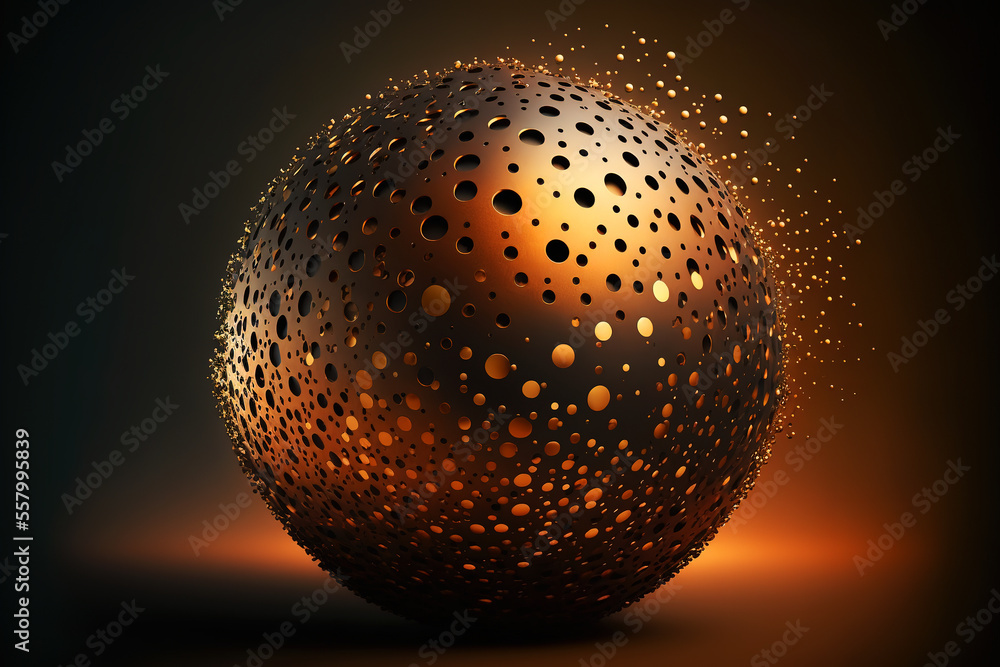 Glowing golden sphere, carved statue with particles on dark background ...