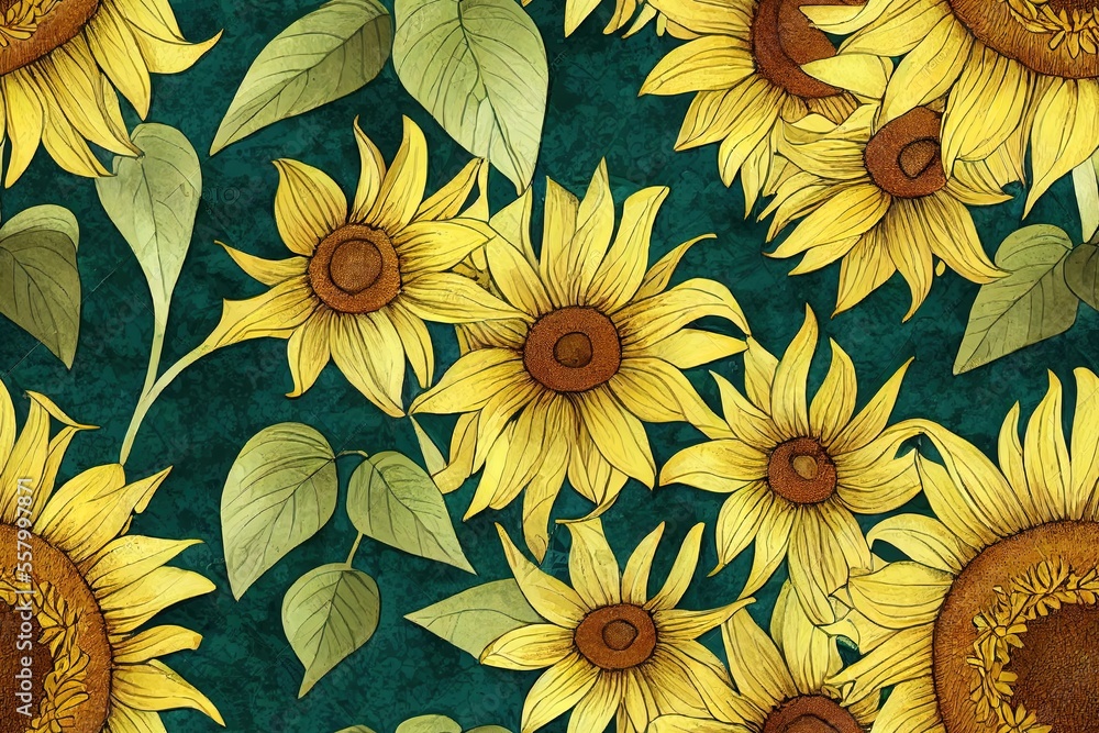 Sunflower watercolor painting repeating background design. Made to ...