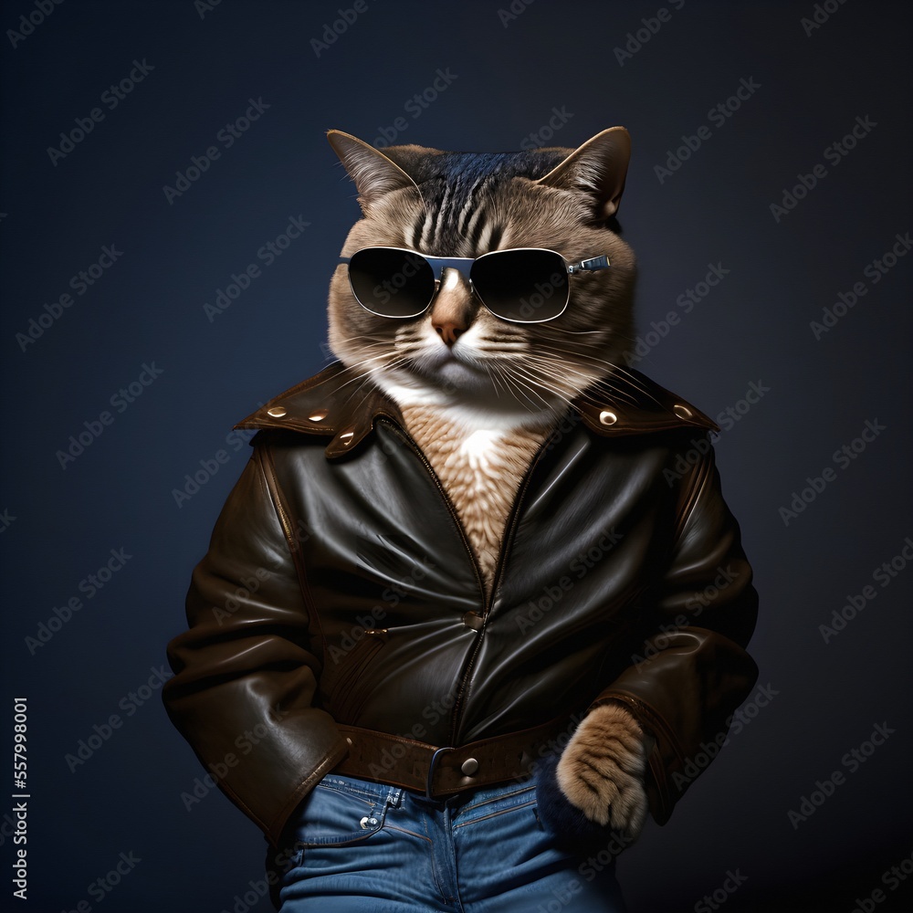 Portrait of macho cat wearing a brown leather jacket and stylish black ...