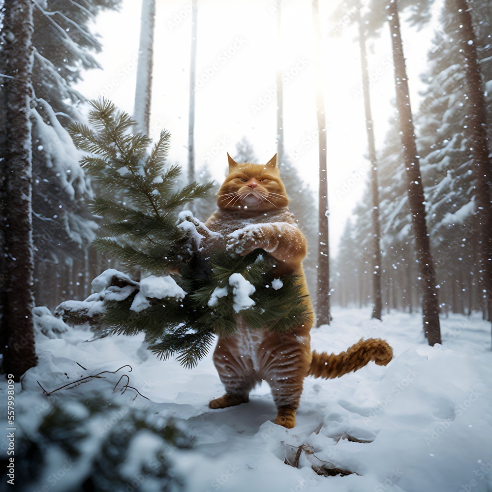 Garfield-looking ginger cat caught in the woods chopping down Christmas ...