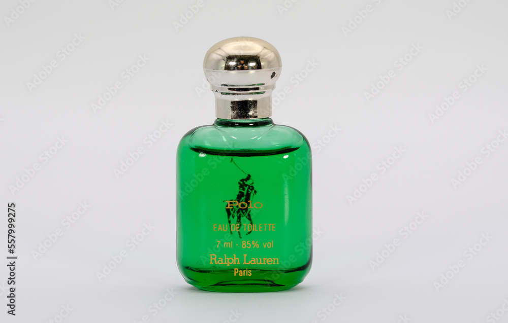 Aachen February 2021: Close-up of a miniature perfume Ralph Lauren Polo ...