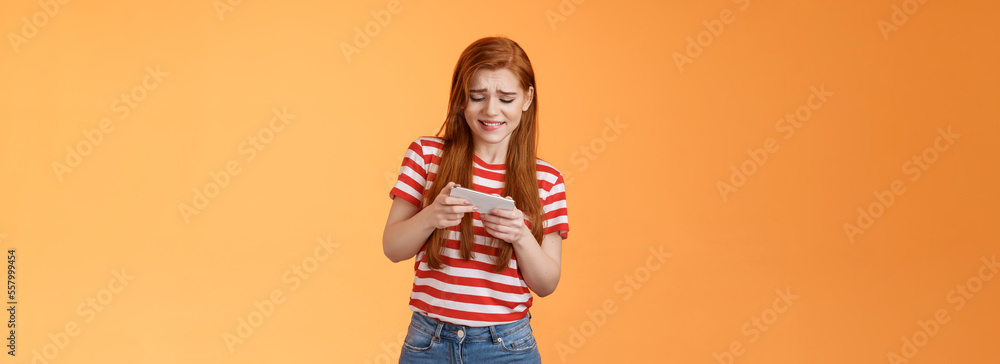 Excited Redhead Caucasian Girl Look Intense Frowning Trying Pass Hard 7999