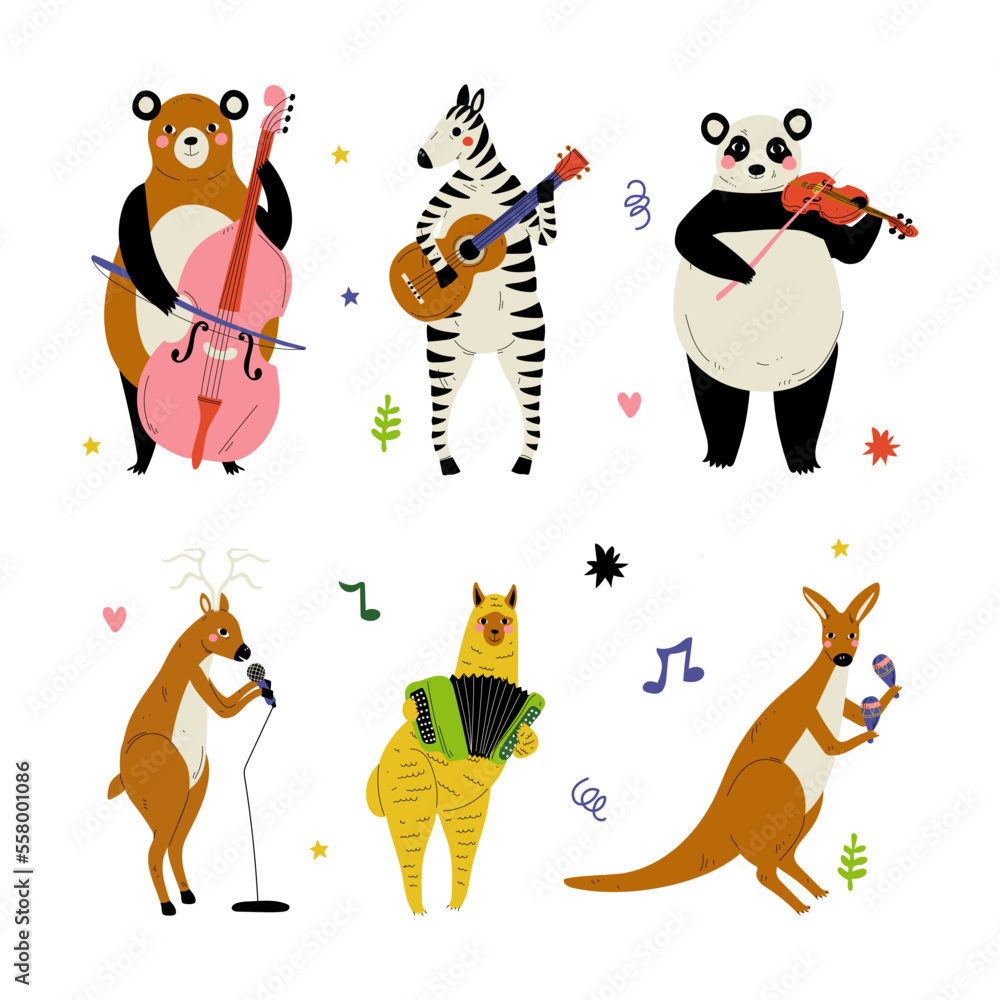 Animals playing musical instruments set. Bear, zebra, panda, kangaroo ...