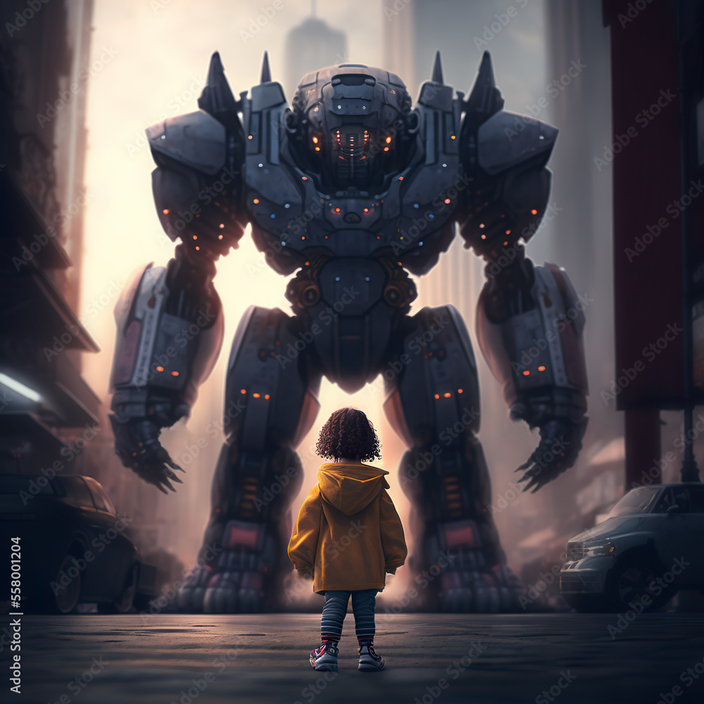 Little girl and giant robot meet. Concept of the future interaction ...