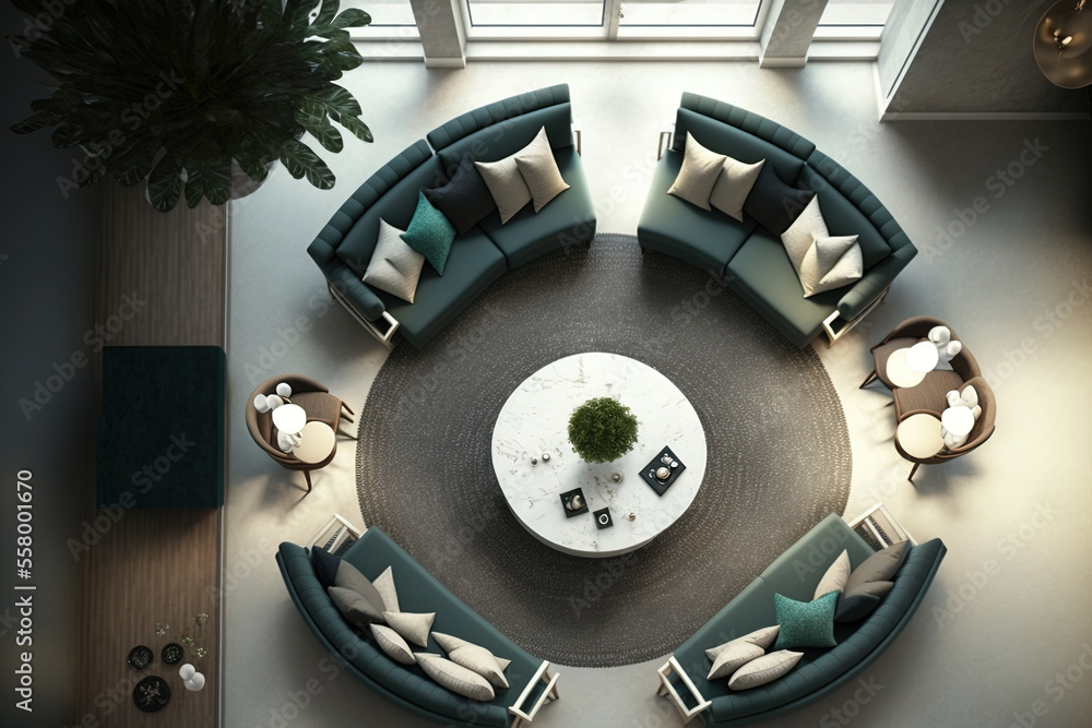 Top view of lobby lounge in contemporary apartment complex with long ...