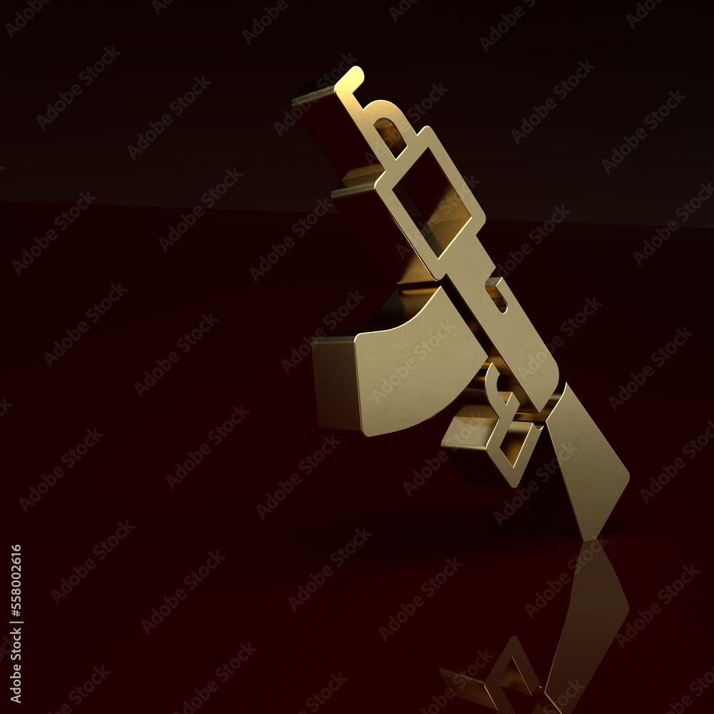 Gold Submachine gun icon isolated on brown background. Kalashnikov or ...